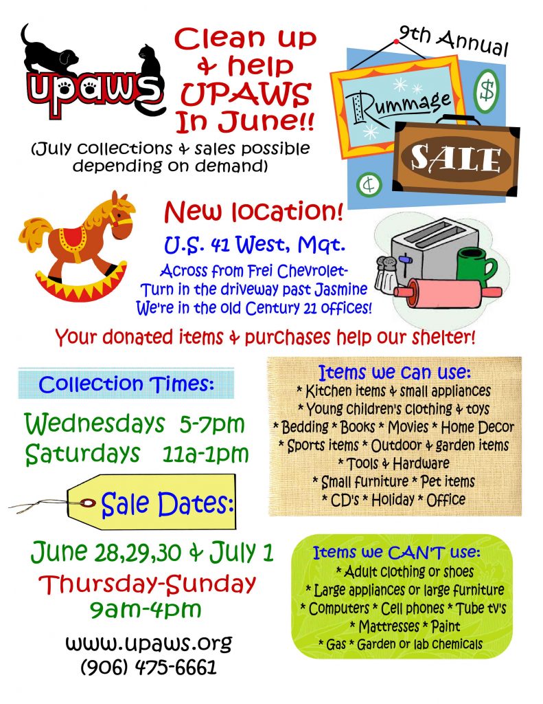 2018 rummage sale poster, final - Upper Peninsula Animal Welfare Shelter